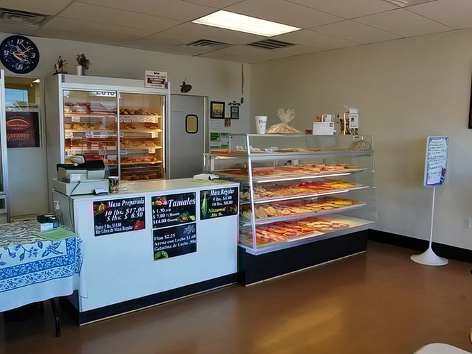Step into a world where calories don't count. This bakery's interior is a treasure trove of temptation, with display cases that could make a diet disappear.