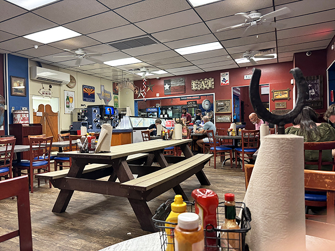 Step inside and embrace the chaos! This BBQ joint's decor is as eclectic as a thrift store run by a rodeo clown.