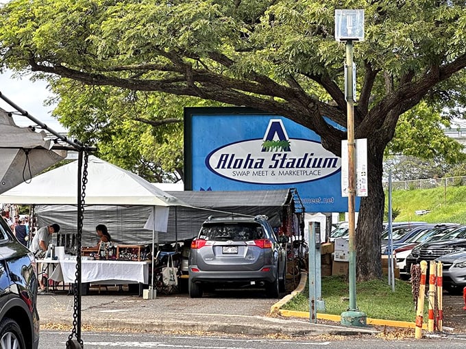 Step right up to retail therapy, island-style! This colorful sign promises a treasure trove of goodies that'll have you saying "mahalo" to your wallet.
