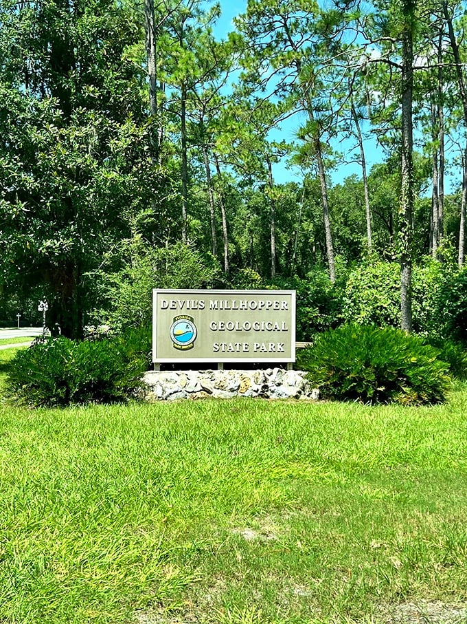 "Devil's Millhopper" sounds like a rejected Harry Potter ride, but this sign promises an adventure more magical than Hogwarts.