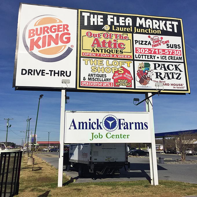 Talk about one-stop shopping! This sign is a smorgasbord of offerings. From burgers to antiques, it's like a mall decided to have an identity crisis.