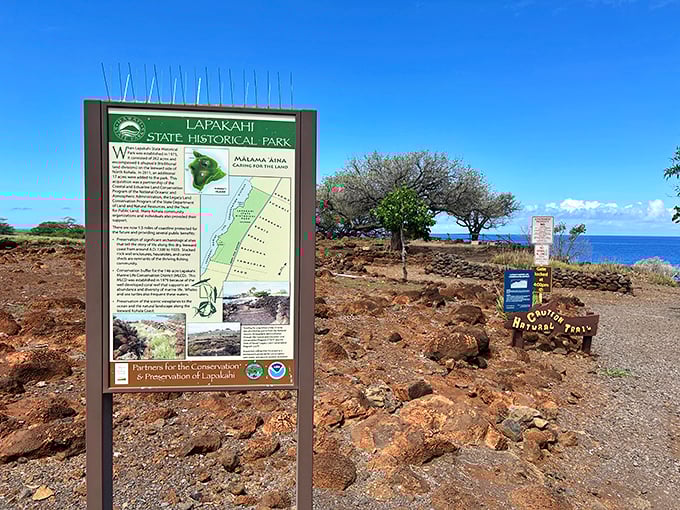 Welcome to Lapakahi: Where history meets paradise. This sign is your ticket to a time-traveling adventure, no DeLorean required!