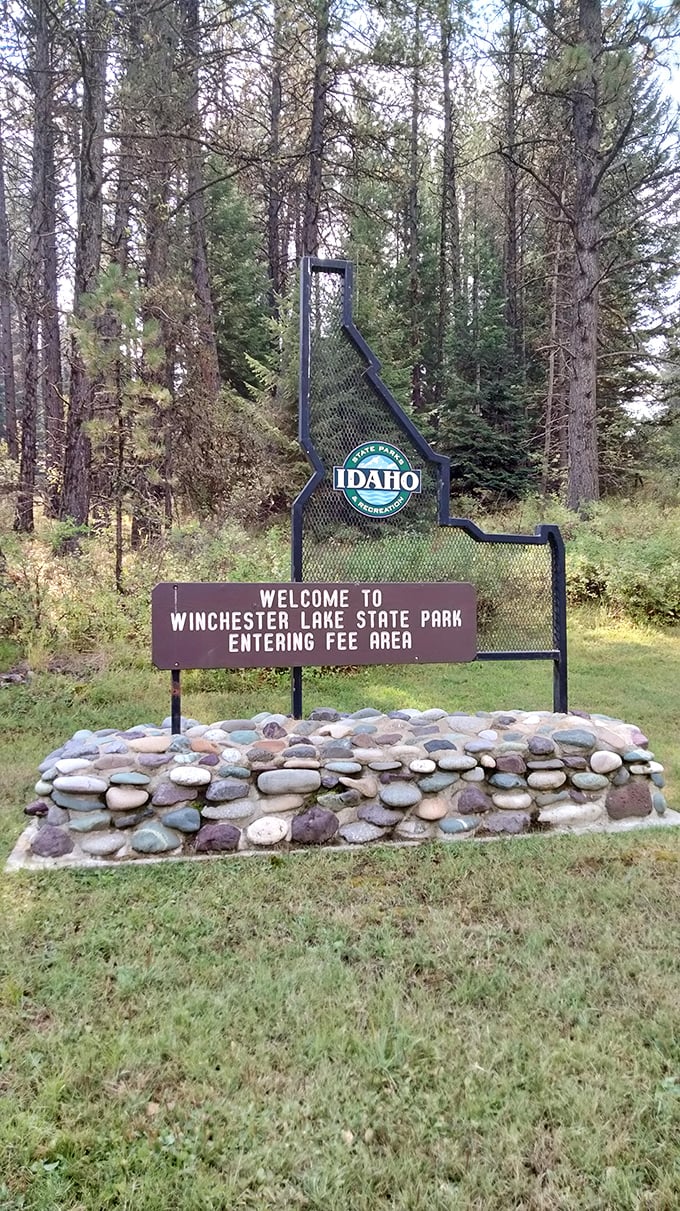 Welcome to Winchester Lake State Park, where even the sign looks like it's having more fun than a potato at a French fry festival!