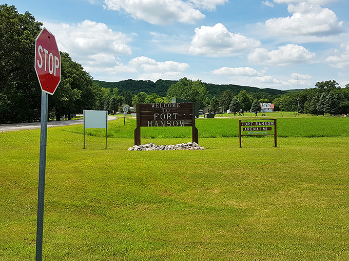 "Stop" and smell the roses... or in this case, the prairie grass. Fort Ransom's welcome sign is like a friendly neighbor waving you in for a slice of homemade pie.