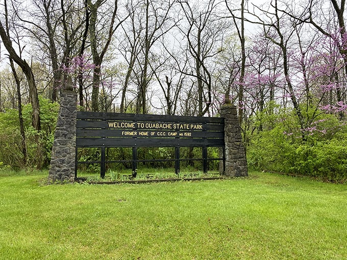 "Welcome to Ouabache State Park" - where adventure begins and stress ends. This sign might as well say, "You're about to have the time of your life!"