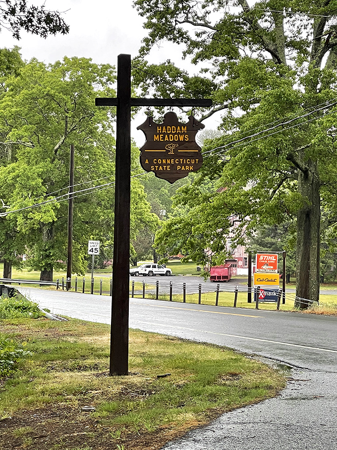 Welcome to Haddam Meadows, where even the sign looks like it's on vacation. Rustic charm meets state park chic!