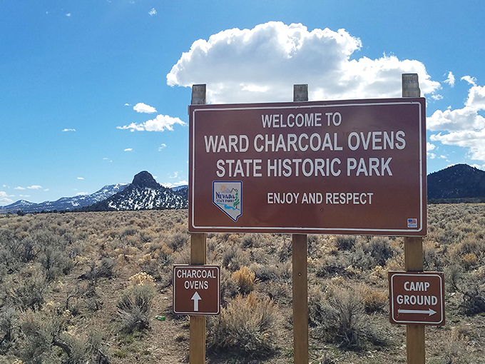 Enjoy and Respect" - words to live by, whether you're exploring historic ovens or navigating a buffet line. This sign welcomes visitors to a slice of Silver State history.