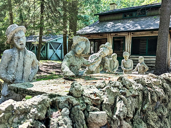 Family reunion or stone-cold standoff? These concrete characters seem caught in an eternal debate about who brought the potato salad.