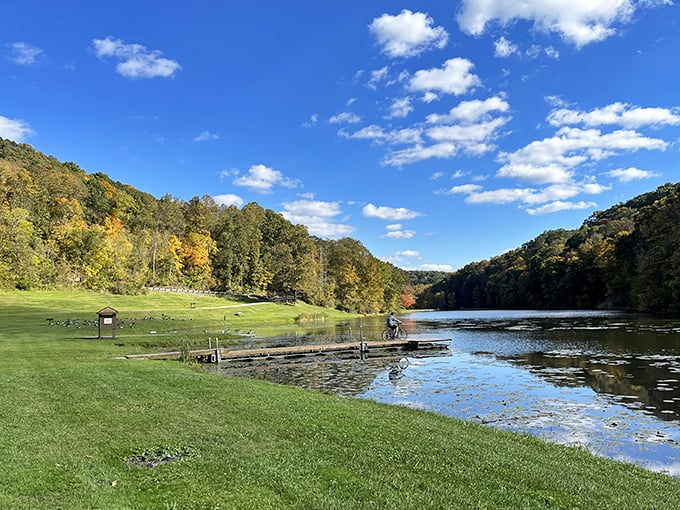 Autumn's palette on display: Fall foliage frames the lake, creating a scene so picturesque it could make Bob Ross shed a happy little tear.