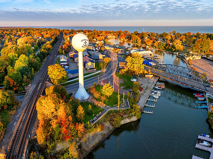 Autumn in Vermilion: Where the trees put on a show that rivals Broadway! This aerial view captures the town's stunning fall foliage and picturesque waterfront.