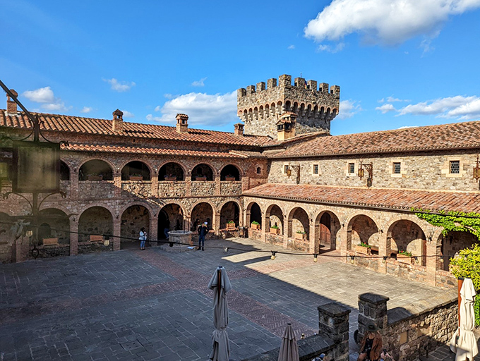 Step into the courtyard and you're transported to medieval Tuscany. Just don't expect to see any jousting tournaments during your wine tasting!