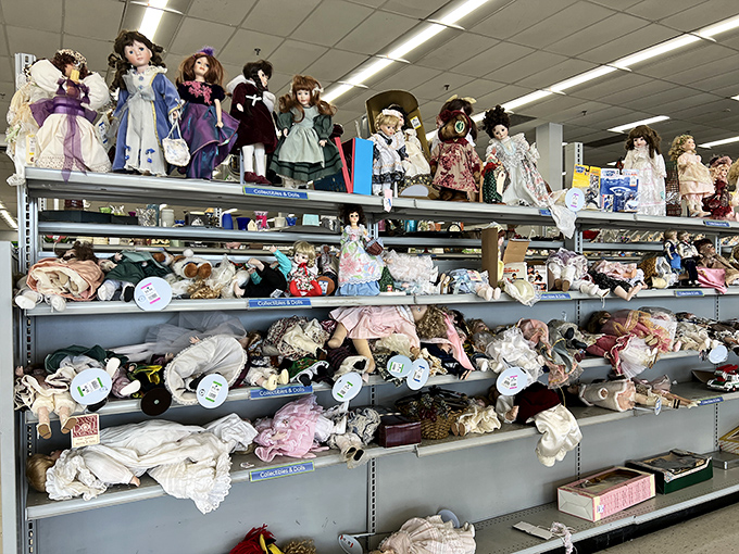 It's a doll-pocalypse! These shelves are a time capsule of childhood memories, from porcelain princesses to plush pals.
