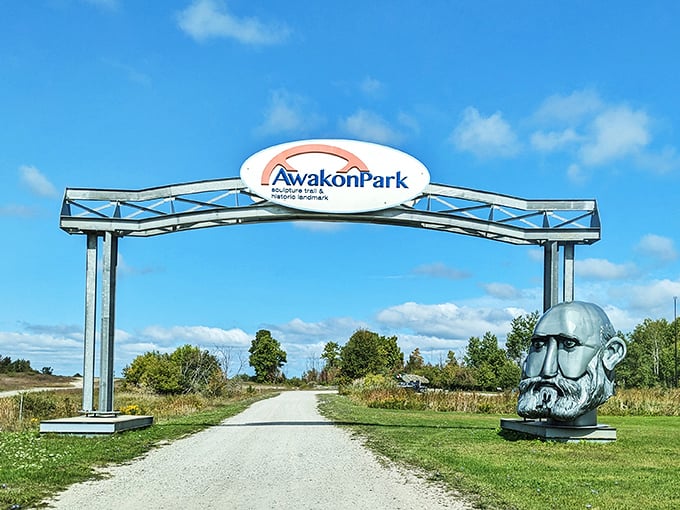 Welcome to the twilight zone of art! Awakon Park's entrance promises a journey through a wonderland of whimsical metal creations.