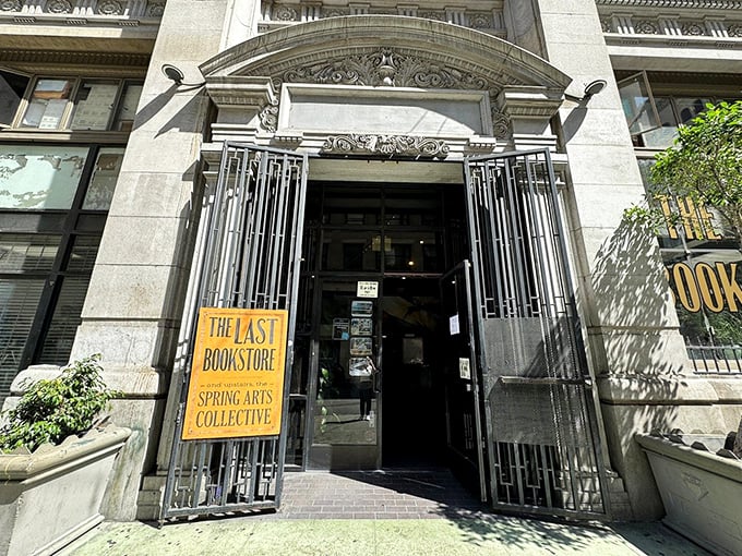 "The Last Bookstore" sign hangs like a beacon of hope for book lovers. This entrance promises a world of wonder behind those ornate doors.