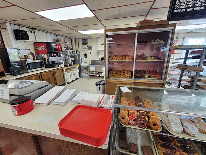 Step into a time capsule of deliciousness. The display case is a treasure trove of glazed wonders that would make Homer Simpson weep with joy.
