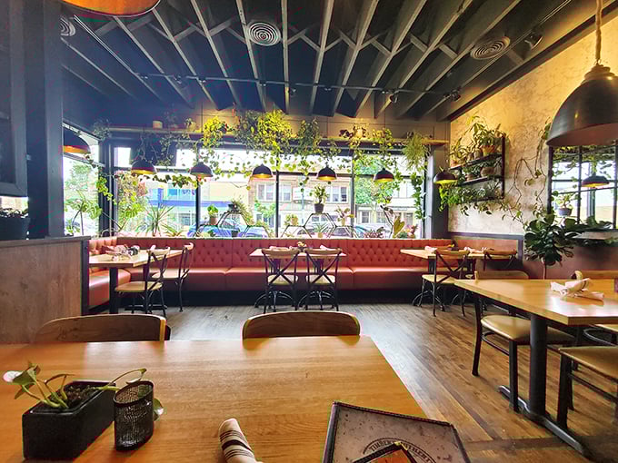 Step into BBQ paradise! Double B's interior is a plant lover's dream, with lush greenery dangling from the ceiling like meaty vines in a carnivore's jungle.
