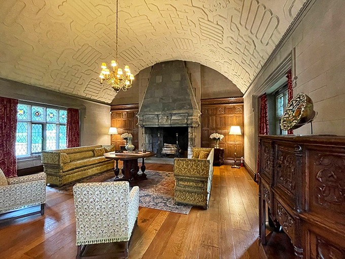 Cozy up by the fire like a 1920s tycoon. This living room screams "old money," but whispers "come in, kick off your spats, and stay awhile."