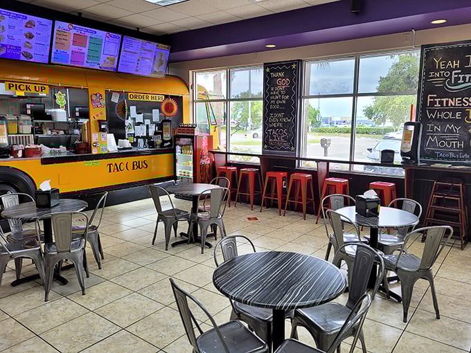 Step into a fiesta of flavors! The interior of Taco Bus is as colorful as its menu, with a dash of school nostalgia.