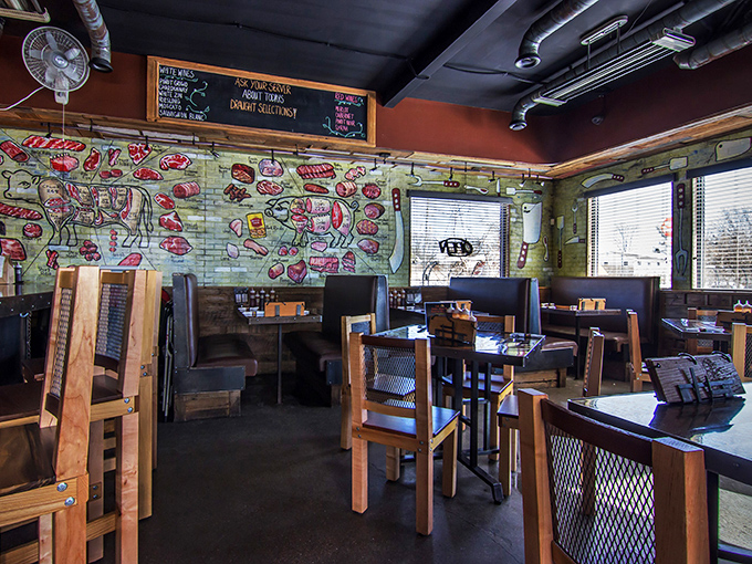 Step inside and feast your eyes! The walls are a carnivore's dream, adorned with meat diagrams that'll make your mouth water before you even see a menu.