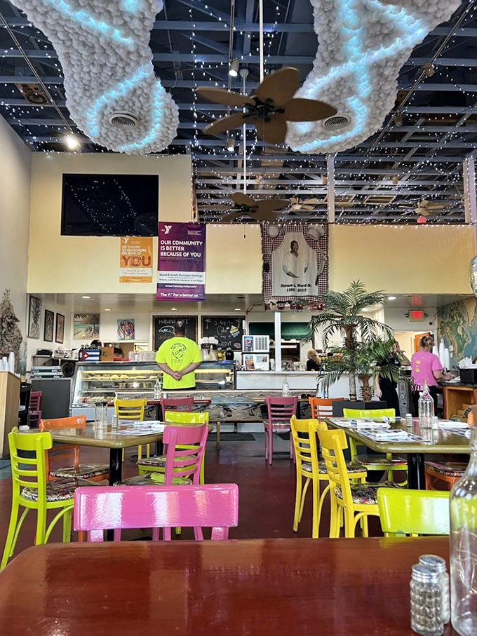 Step into a kaleidoscope of color and culture. This isn't just a dining room; it's a carnival for your senses!