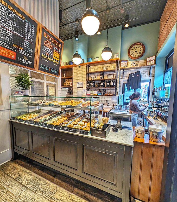 Step into donut paradise! This display case is like a treasure chest of fried dough delights, each one a potential new obsession.