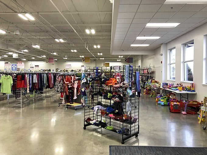 Racks on racks on racks! This clothing wonderland could outfit an entire town for a decade-long fashion show.