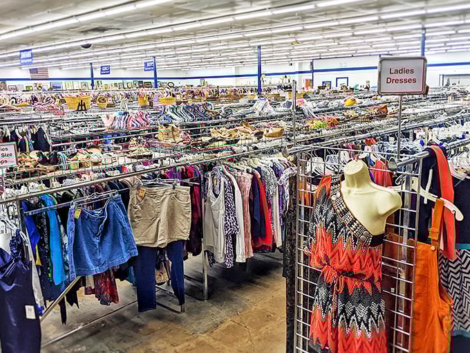 Clothes, clothes everywhere, and not a bare rack in sight! This sea of secondhand fashion would make even Carrie Bradshaw's head spin.