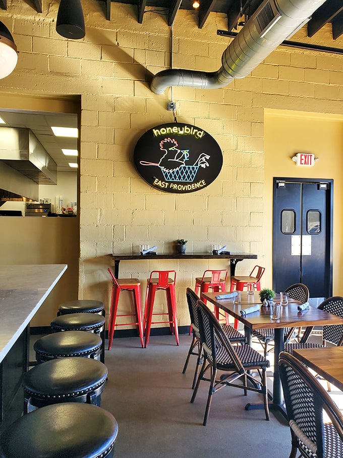 Step inside and feel the Southern charm mixed with Rhode Island cool. The yellow walls and exposed ducts create an atmosphere that's both cozy and hip.