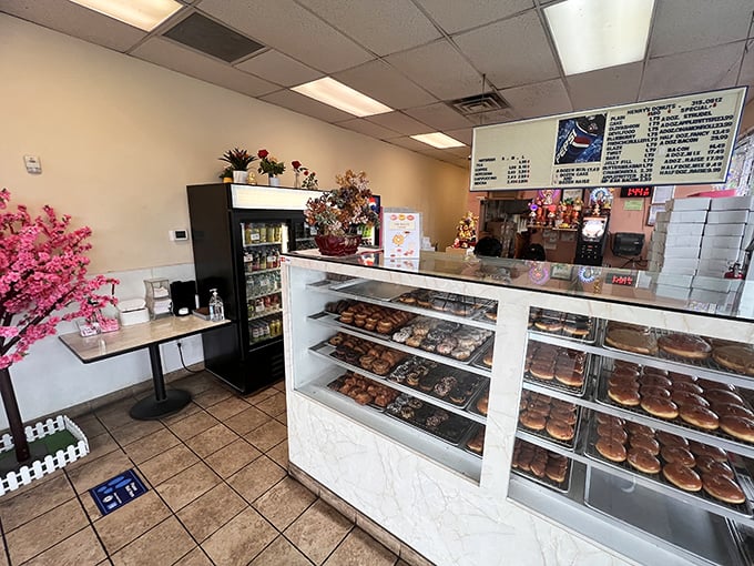 Step into a world where calories don't count. This display case is a treasure trove of fried, glazed, and sprinkled happiness.