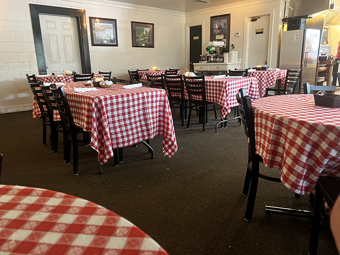 Red and white checkers as far as the eye can see. It's like your grandma's kitchen got promoted to restaurant status, and we're all invited!