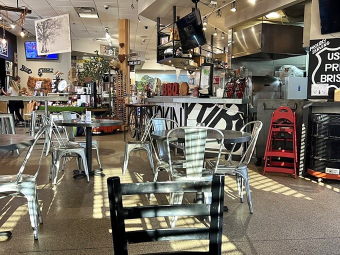 Step inside and prepare for a feast for the senses. The Thumb's interior is a mouthwatering mash-up of BBQ joint charm and convenience store practicality.