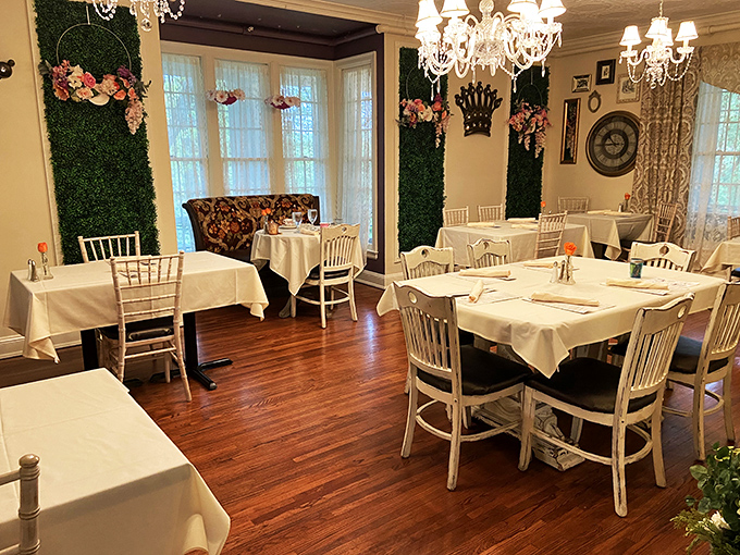 Step into a tea party fit for royalty! Crystal chandeliers, floral accents, and cozy nooks create an atmosphere that's equal parts elegant and enchanting.