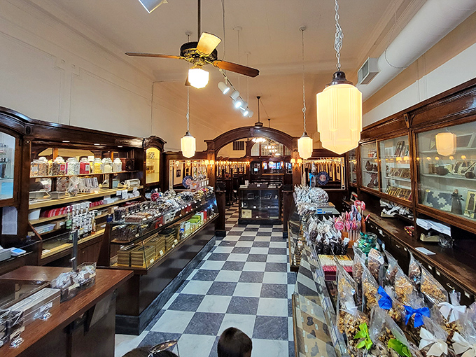 Willy Wonka, eat your heart out! This confectionery wonderland is a time machine disguised as a candy store, complete with gleaming glass cases and checkered floors.
