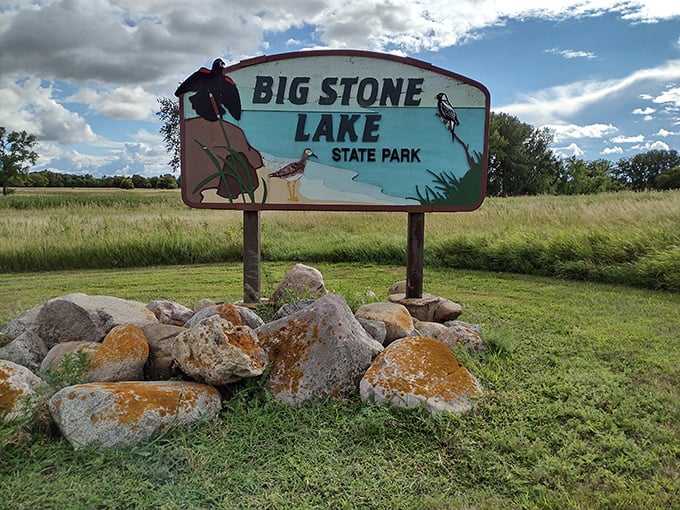 Welcome to Big Stone Lake State Park, where the wildlife greets you before you even step out of your car. This sign is like nature's version of a red carpet – minus the paparazzi.
