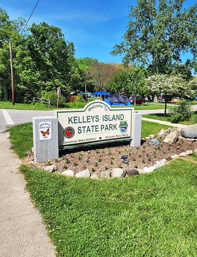 "Welcome to paradise, Ohio-style!" The park's entrance sign stands proud, a gateway to natural wonders and memories waiting to be made.
