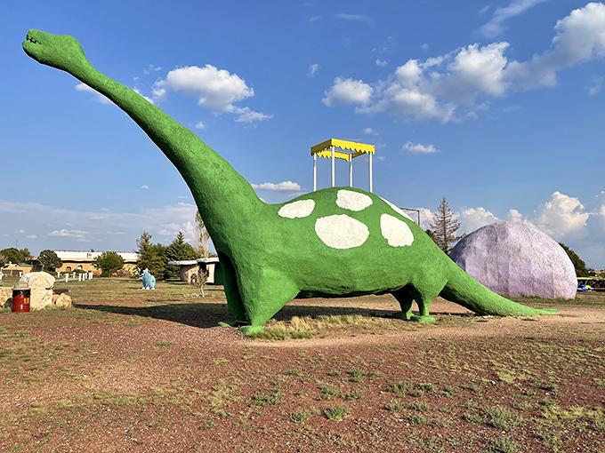 Welcome to Bedrock! This larger-than-life dino might not be historically accurate, but it's guaranteed to make your inner child roar with delight.