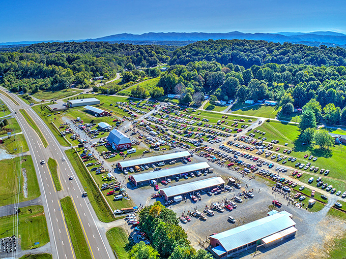 Nestled against the Smoky Mountains, Jonesborough Flea Market's aerial view reveals a bustling bazaar of possibility and promise.