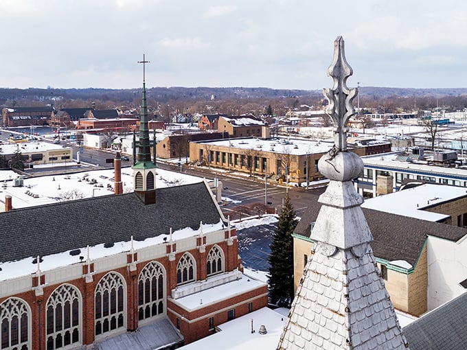 Kalamazoo's skyline: Where history meets modernity in a snow-dusted embrace. Church spires and modern buildings create a cityscape that's pure Michigan magic.