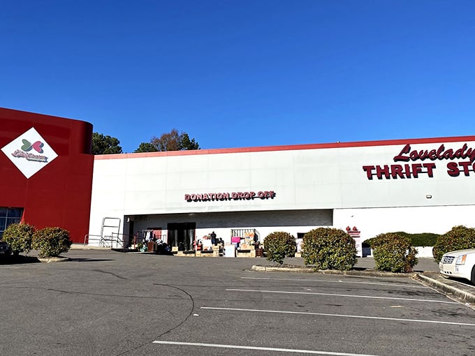 Red-hot deals alert! Lovelady Thrift Store isn't just eye-catching; it's a crimson beacon of hope and killer finds. Fashion revolution, anyone?
