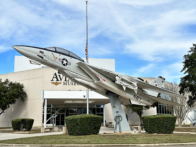 Anchors aweigh and wings up! This Naval Aviation Museum jet looks ready to catapult off an imaginary carrier deck.