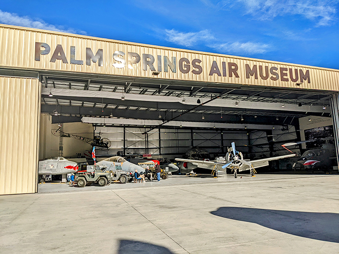 Desert oasis for aviation buffs! Palm Springs Air Museum's hangar is where warbirds come to retire in style, basking in mountain views.