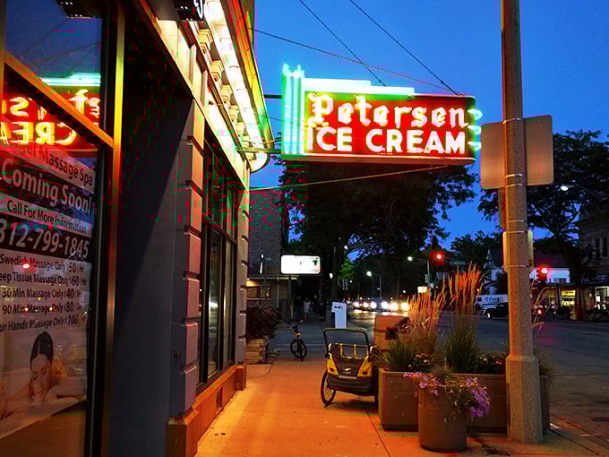 Petersen's: Where ice cream dreams come true since 1919. That neon sign isn't just advertising; it's a beacon of hope for sweet-toothed time travelers.