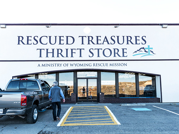 Rescued Treasures: Where your wallet gets a vacation and your conscience gets a gold star. This thrift store's facade is as inviting as a warm slice of apple pie on a cool Wyoming evening.