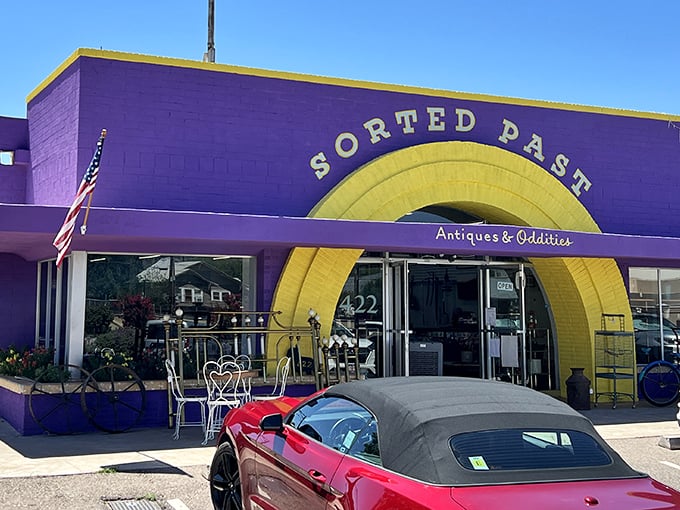 Sorted Past: Bisbee's purple paradise of peculiarities! This vibrant storefront promises a journey through time and taste &ndash; mostly questionable taste.