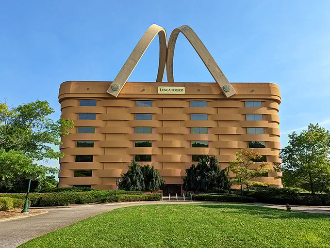 Longaberger Basket Building: Office space or picnic paradise? This colossal woven wonder proves that thinking outside the box sometimes means living inside a basket.