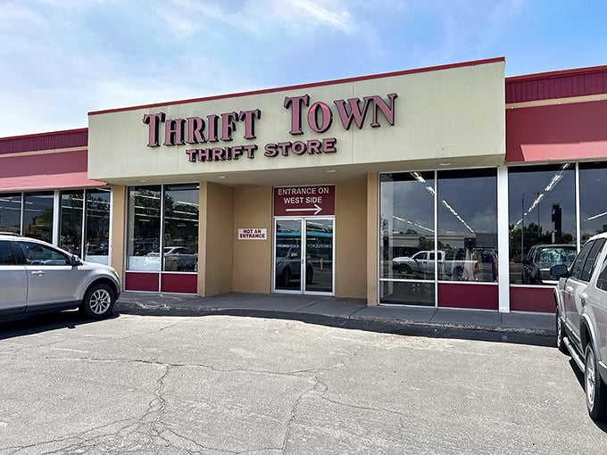 Thrift Town: The mothership of markdown madness! This unassuming exterior hides a labyrinth of vintage treasures and quirky finds.
