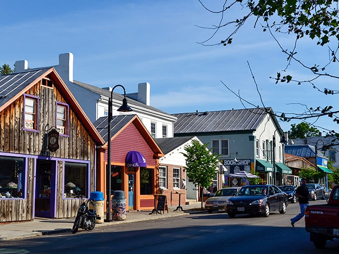 Yellow Springs: A kaleidoscope of color and culture! This vibrant streetscape is like Woodstock meets Mayberry, with a dash of bohemian flair.