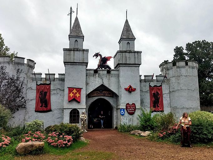 Dragons and castles and knights, oh my! The Minnesota Renaissance Festival's entrance promises a day of medieval merriment.