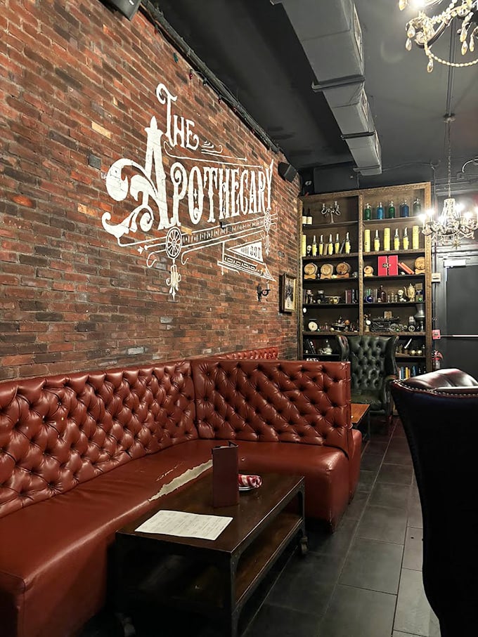 Leather booths and mysterious bottles? It's like Sherlock Holmes opened a bar. Elementary, my dear cocktail!