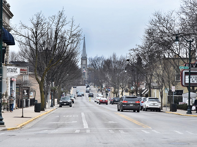 Take a peaceful drive down this historic street; notice the charming spire leading your eye up to the sky.
